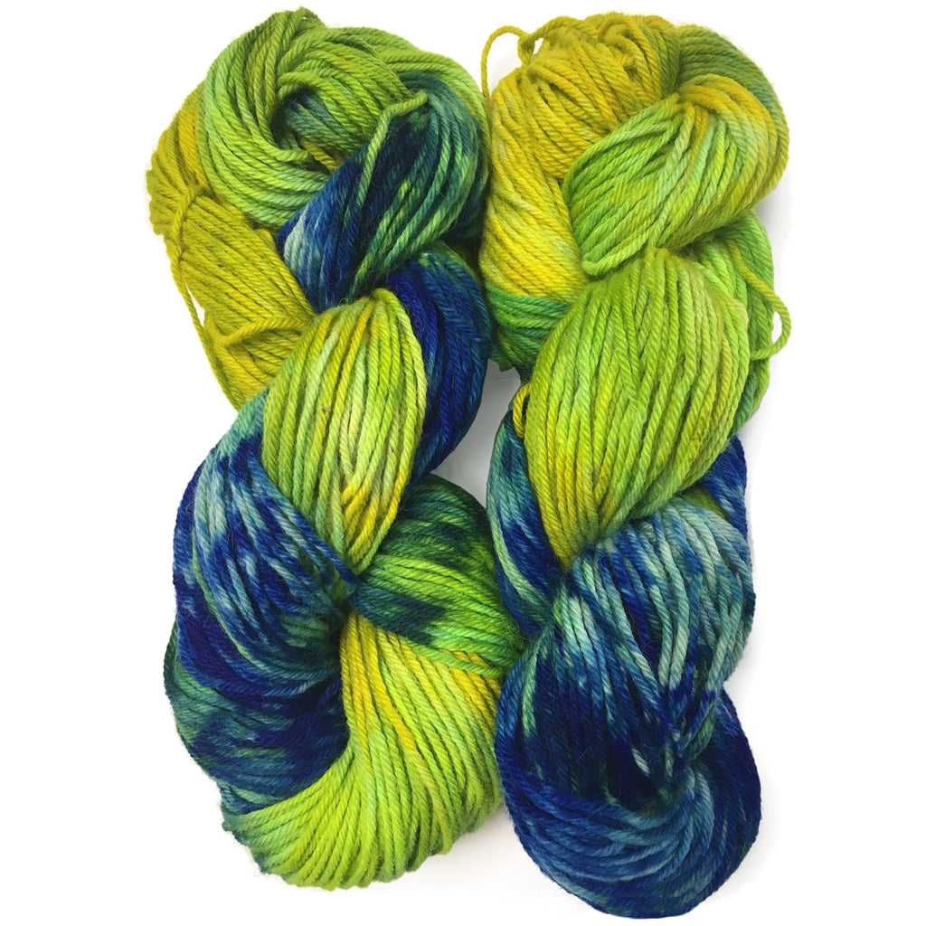 Blue Yarn with Yellow Speckles, Hand Dyed Worsted Suri Alpaca & Merino
