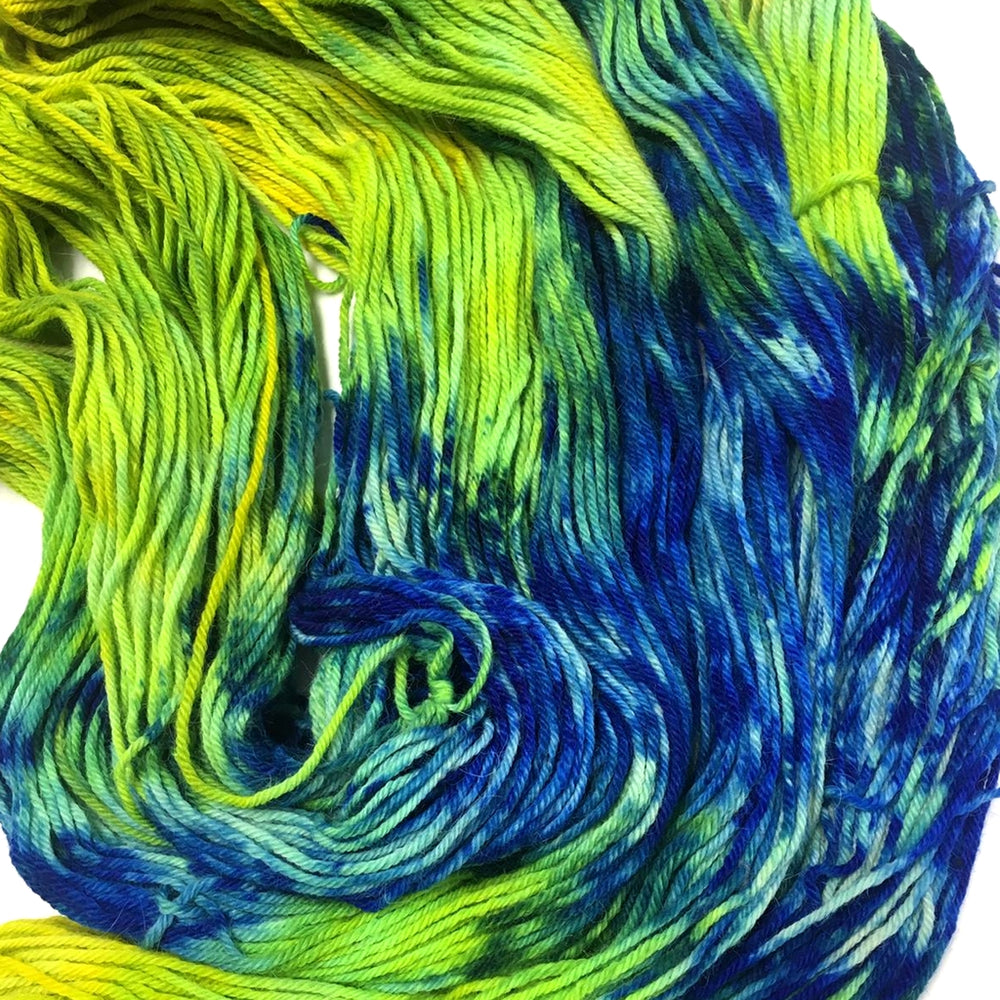 Blue Yarn with Yellow Speckles, Hand Dyed Worsted Suri Alpaca & Merino